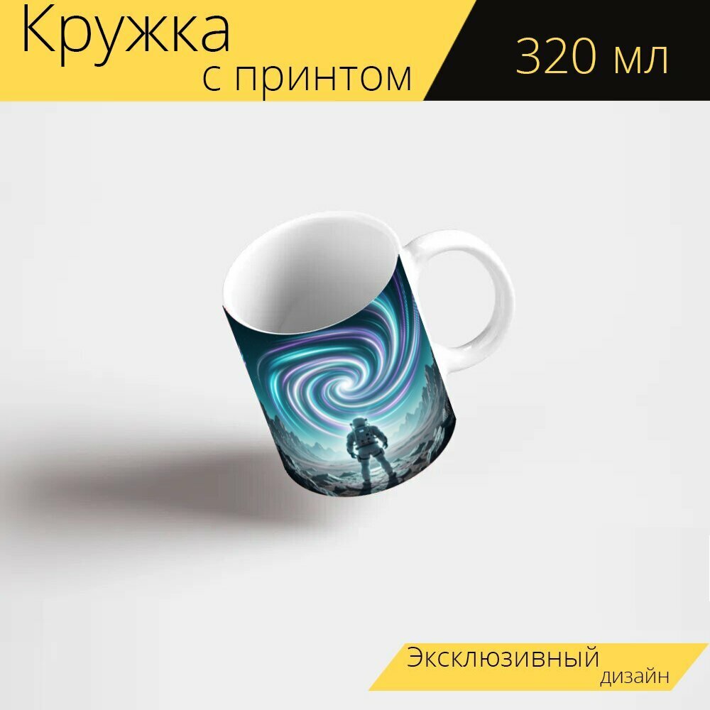 Кружка с рисунком, принтом "Космонавт под вихрем света. Футуристическая сцена: одинокий астронавт стоит на каменистой равнине среди гор, над ним сияет спиральное неоновое." 320 мл.
