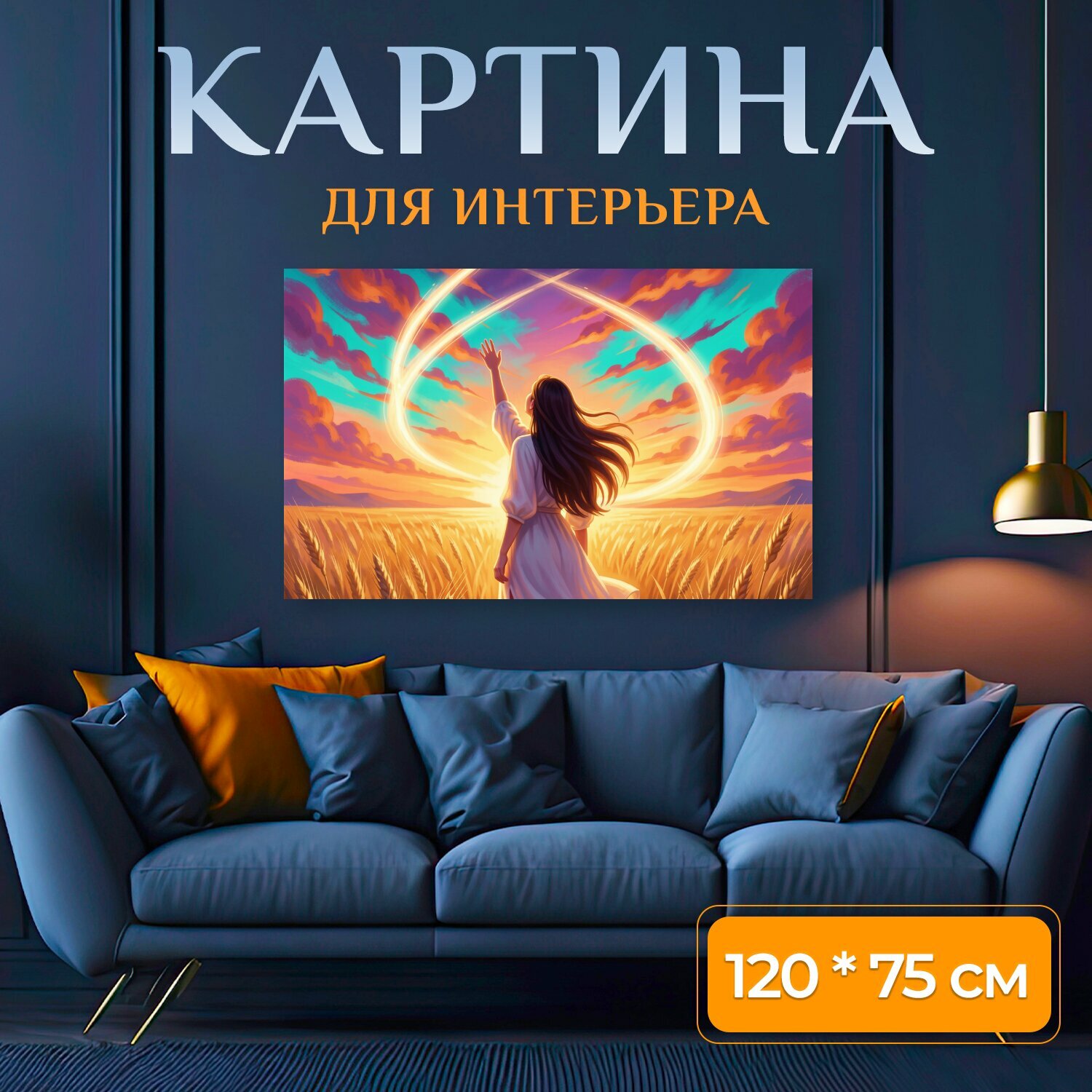 Картина на холсте "Девушка в поле под самолетом. Фантазийная сцена: юная фигура в белом платье стоит среди золотых колосьев, тянется к небу и." на подрамнике 120х75 см. для интерьера