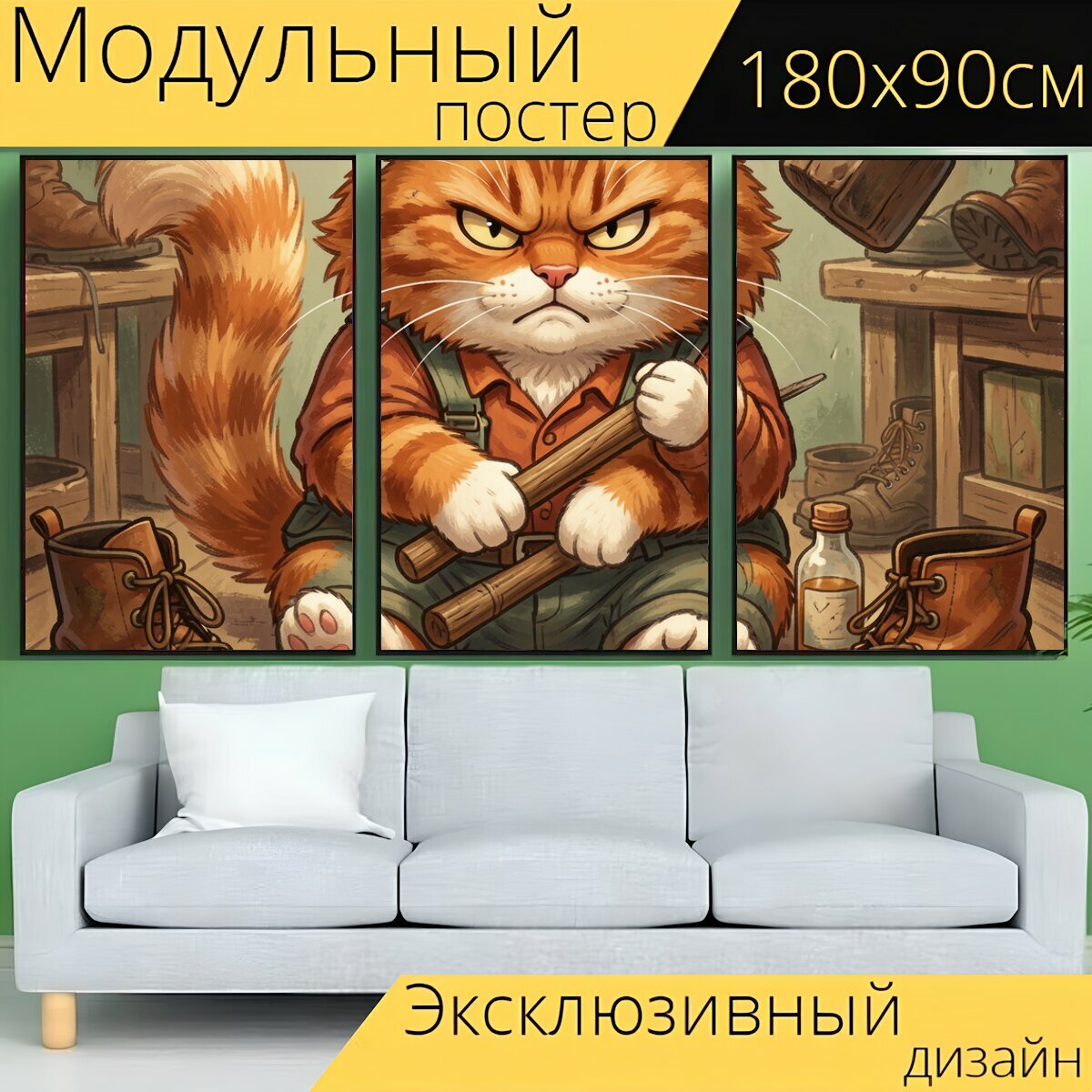 Модульный постер "Сердитый рыжий кот-мастер в мастерской. Антропоморфный пушистый зверь с суровым взглядом сидит среди сапог." 180 x 90 см. для интерьера на стену в тубусе