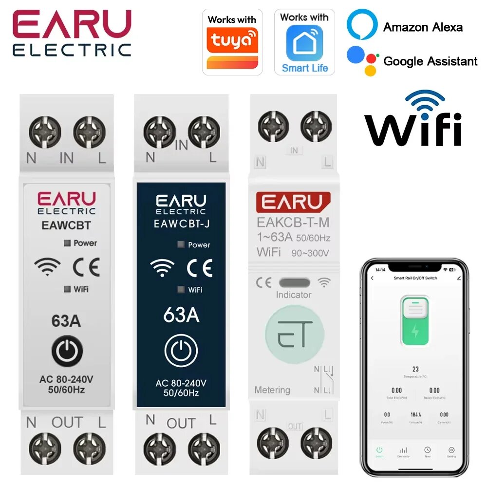 Автоматический выключатель Tuya Wi-Fi 1P+N 63A, 1-63A (Adjustable), VA Protect