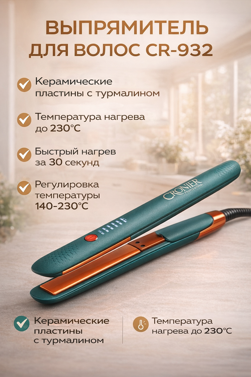Выпрямитель для волос ElectroD Cronier CR-932 керамический с турмалином до 230°C