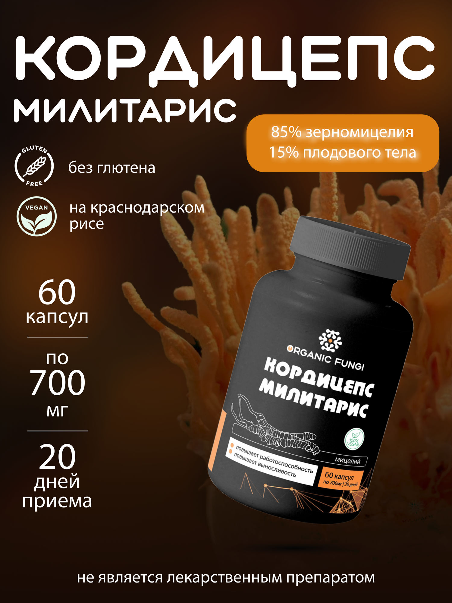 Кордицепс военный Organic fungi, на буром рисе, 60 капсул, 700 мг