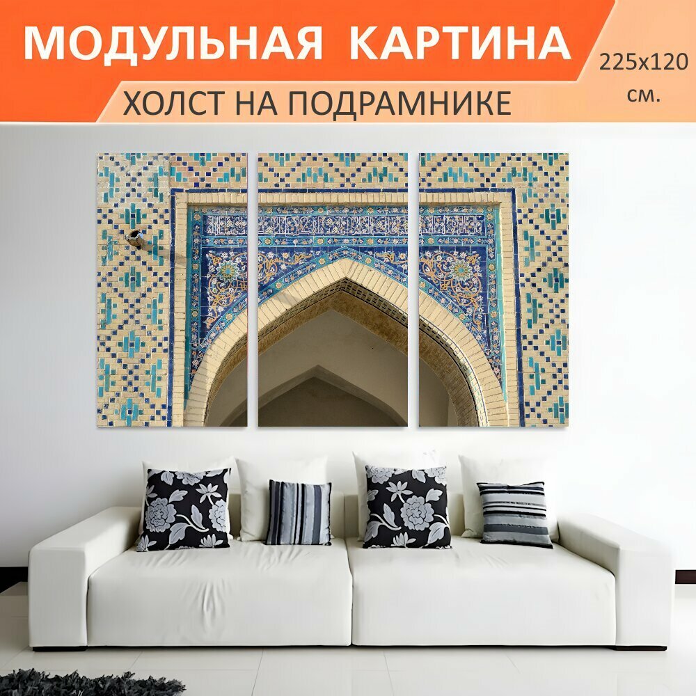Модульная картина на холсте "Бухара, Узбекистан Исторические здания в Бухаре, Узбекистан. Архитектурная деталь Бухарский узбекистан." триптих на подрамнике 225х120 см. для интерьера