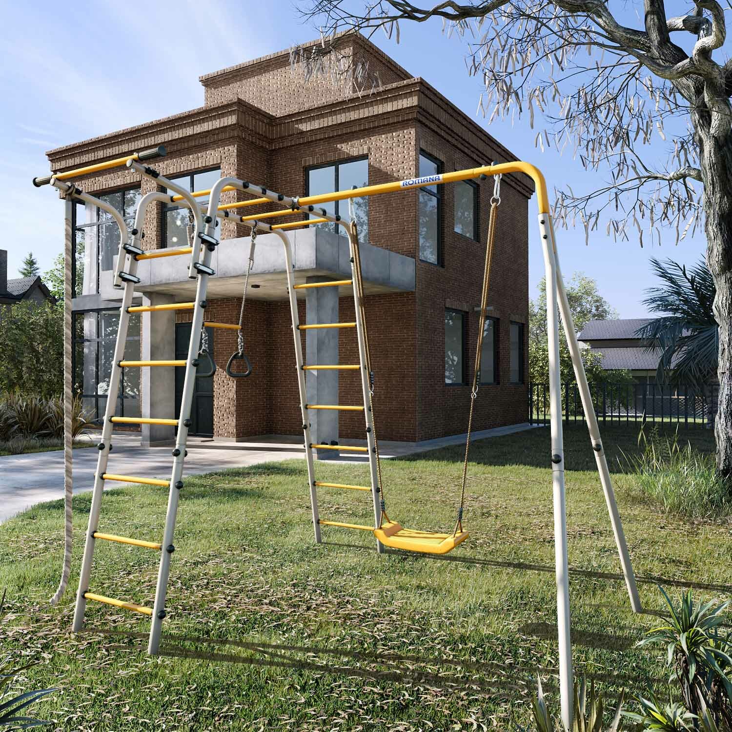 Спортивно-игровой комплекс ROMANA Лесная поляна-3 103.26.05-01 серый/желтый с качелями пластиковыми 1. Д-26.01