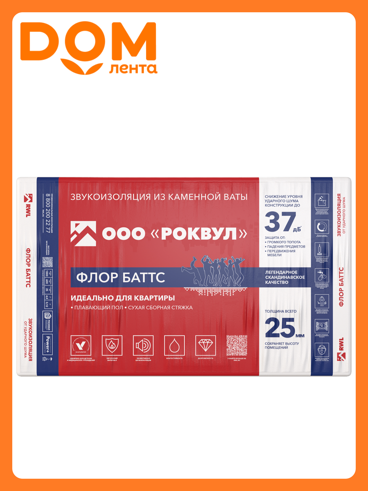 Утеплитель ROCKWOOL "флор баттс", звукоизоляция, 25мм, 4,8м²