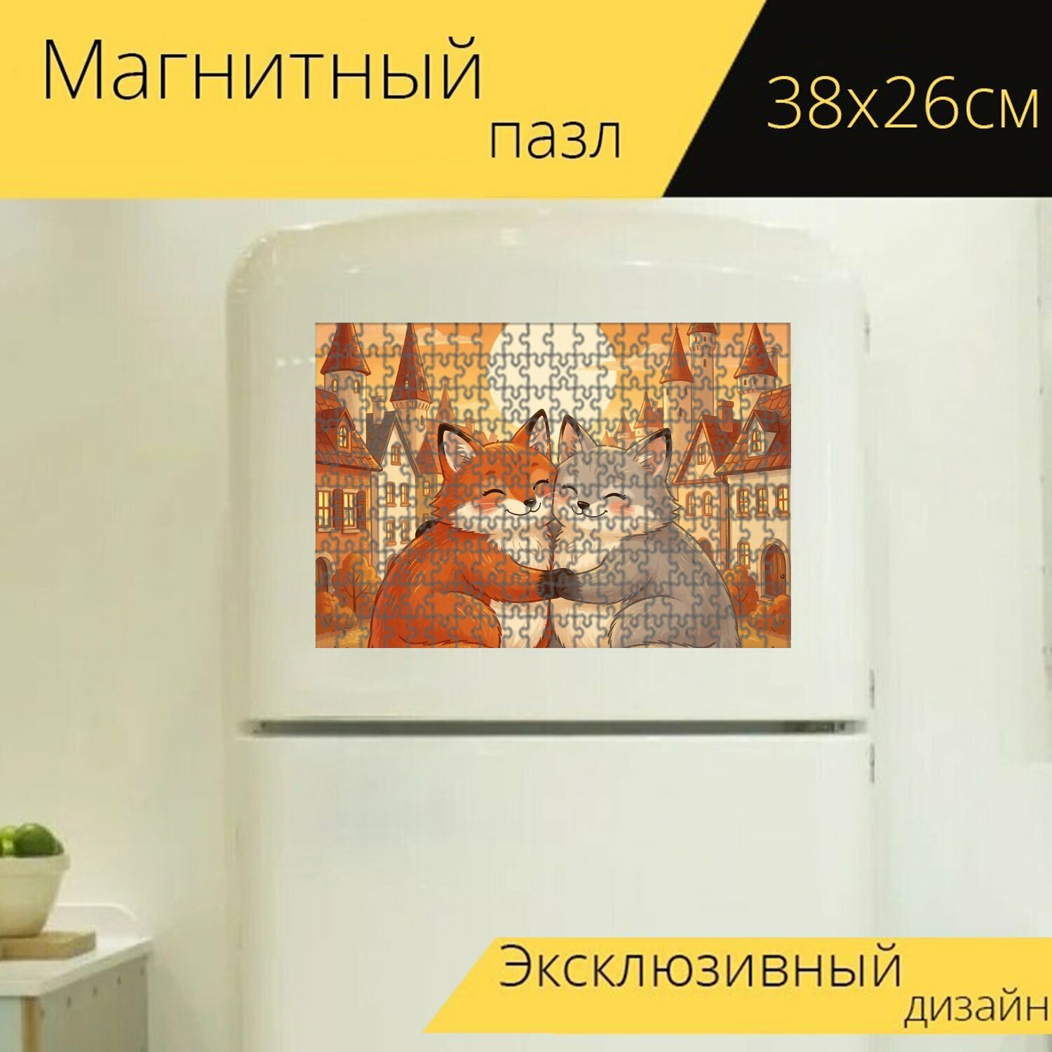 Магнитный пазл "Два лиса в уютном городе. Милые пушистые зверьки обнимаются на фоне сказочного старинного городка с башнями и крышами, тёплая осенняя." для интерьера, 38х26 см.