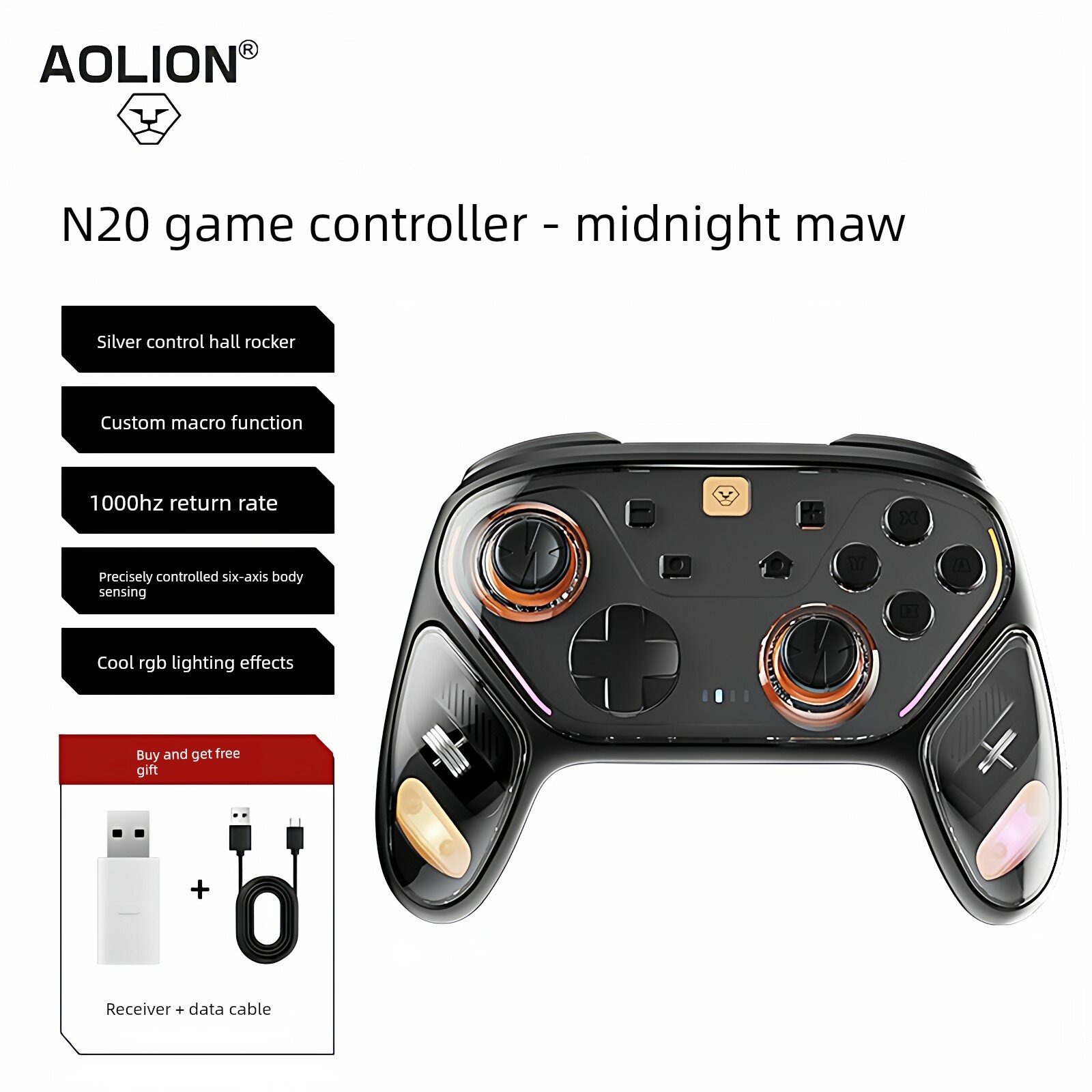 Игровой контроллер SWITCH2 Aojiaoshi N20 с RGB-подсветкой для компьютеров, Android, Apple, STEAM, беспроводной