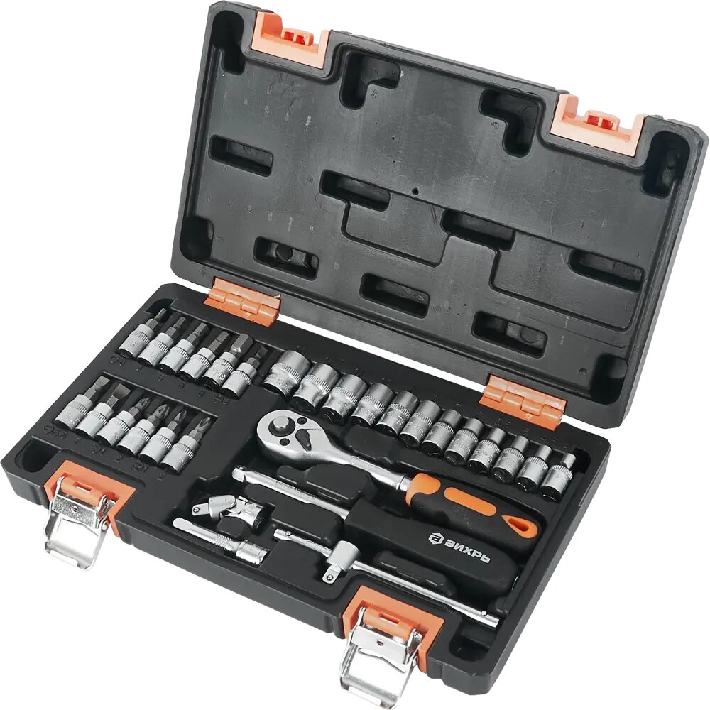 Набор инструментов Вихрь 900/73/6/7/1ЛМ, 29 предметов, ключ трещоточный 1/4", торцевые головки CrV 4‑13мм, хромованадиевая сталь, ударопрочный кейс