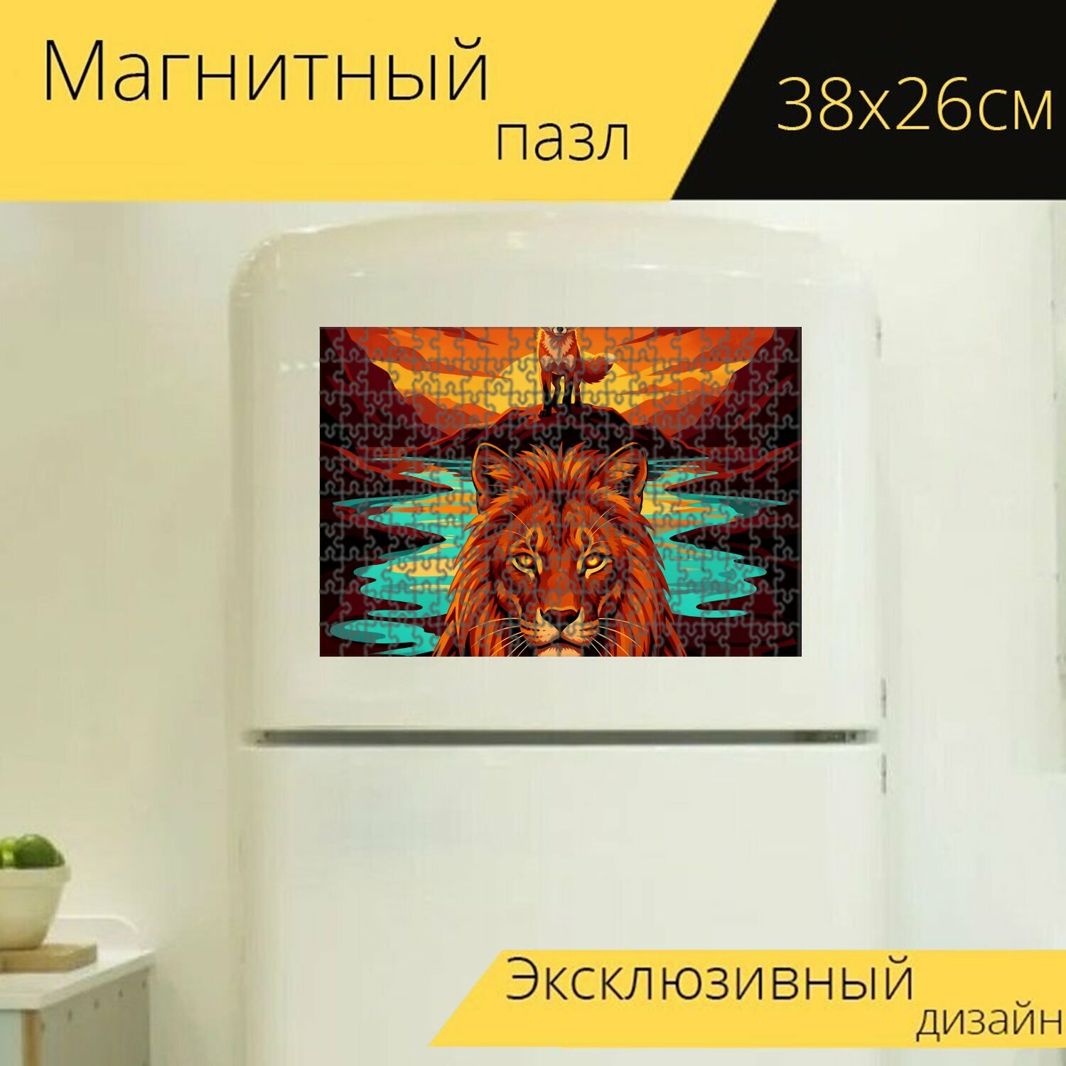 Магнитный пазл "Лев и лиса на закате. Стильная цифровая иллюстрация с царственным хищником на переднем плане и рыжей плутовкой на скале у реки." для интерьера, 38х26 см.