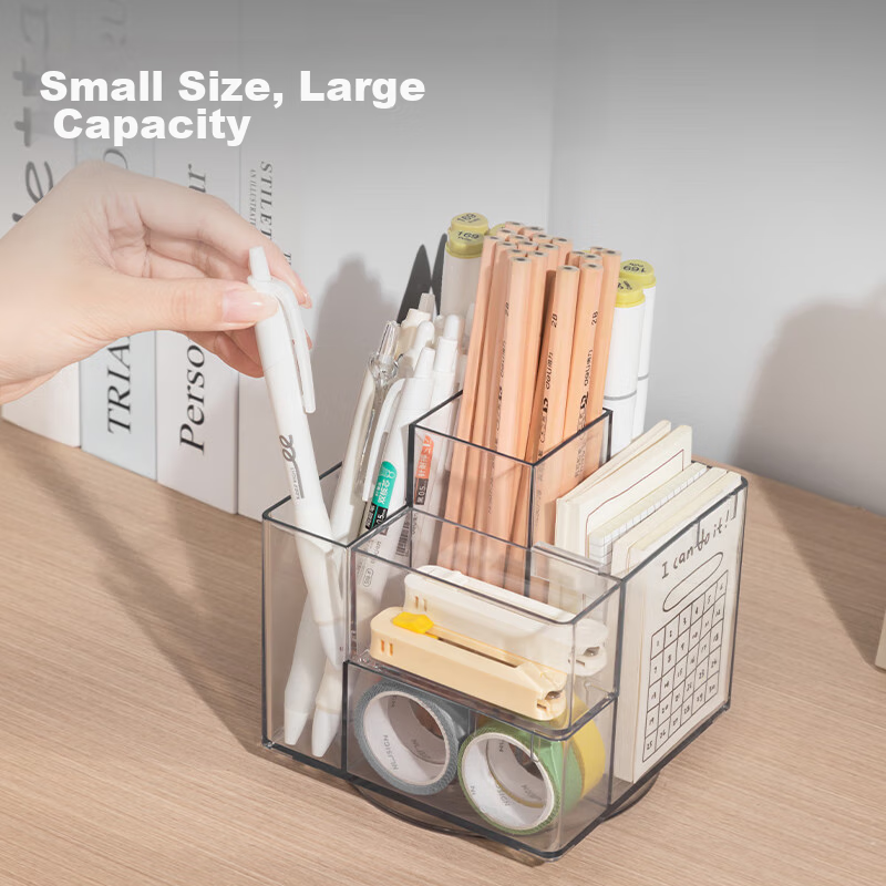Deli Creative Rotating Pen Holder, Simple Design for Children And Students, Multifunctional Large Capacity Desk Organizer, Storage Box for Office Supplies And Cosmetics, Transparent PK200