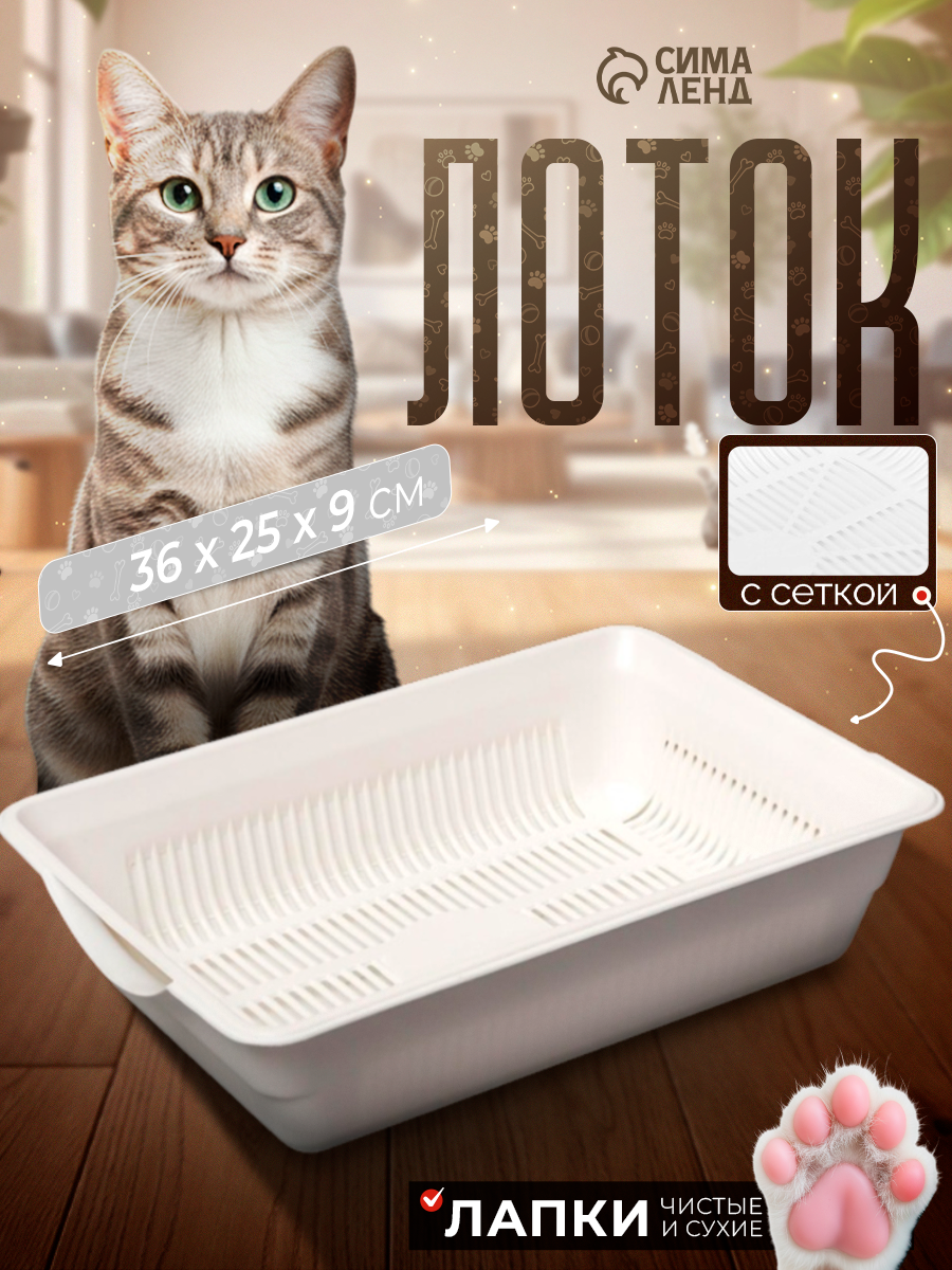Туалет для кошек Сима-Ленд, глубокий, с решеткой, белый, 36 × 25 × 9 см, лоток для животных