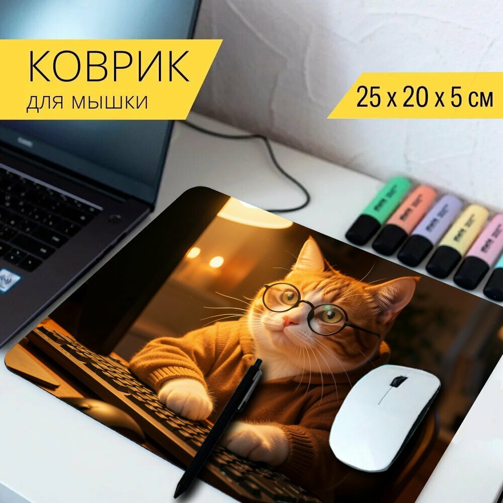Коврик для мыши с принтом "Рыжий кот за компьютером. Домашний питомец в круглых очках и коричневом свитере сидит у монитора с клавиатурой. Уютная вечерняя сцена, тёплый." 25x20см.