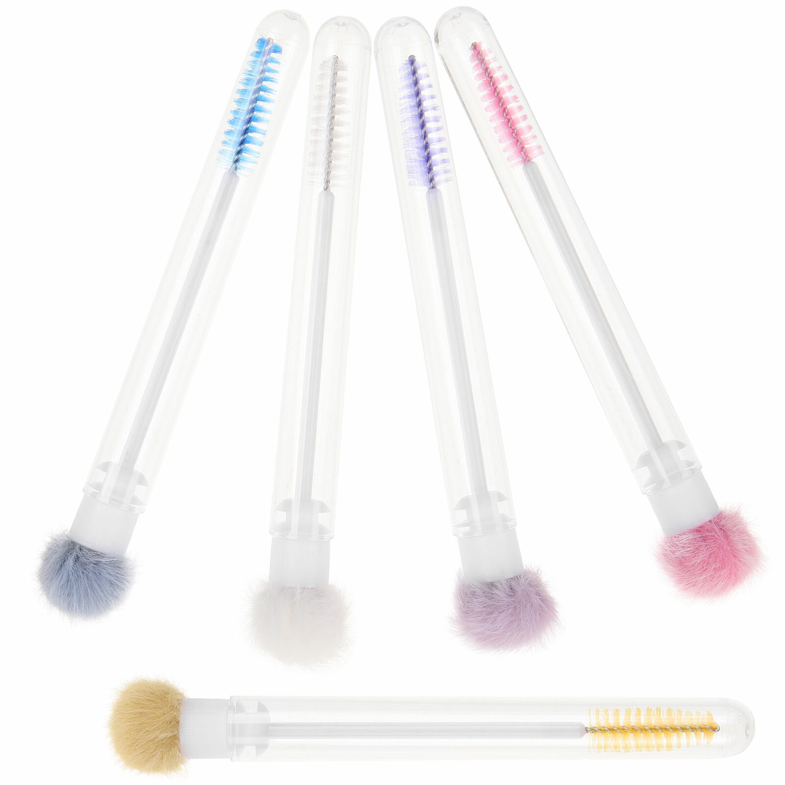 5 штук портативных кисточек для туши в индивидуальной упаковке с ручками, украшенными кристаллами-помпонами (розовые, белые, желтые, фиолетовые и сине-белые ручки и тюбики).