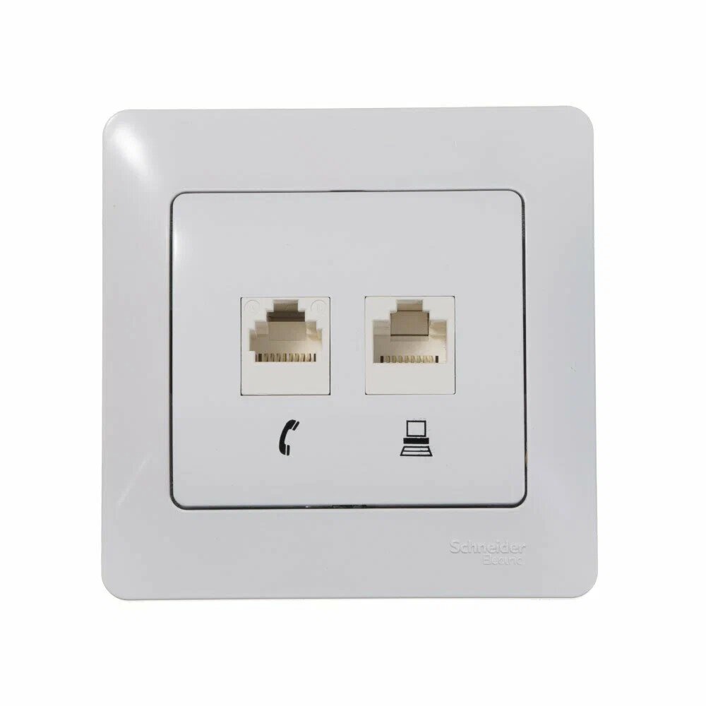 Розетка компьютерная + телефонная СП Glossa RJ45 + RJ11 кат.5E, белый, в сборе с рамкой, SE GSL000185