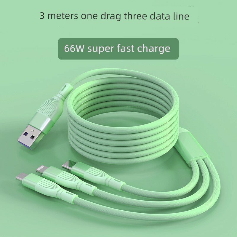 3м Жидкий Зеленый Набивной USB-C Зарядный Кабель с Быстрой Зарядкой 15Вт, 3-в-1 Разветвление на 50см - Совместимость с