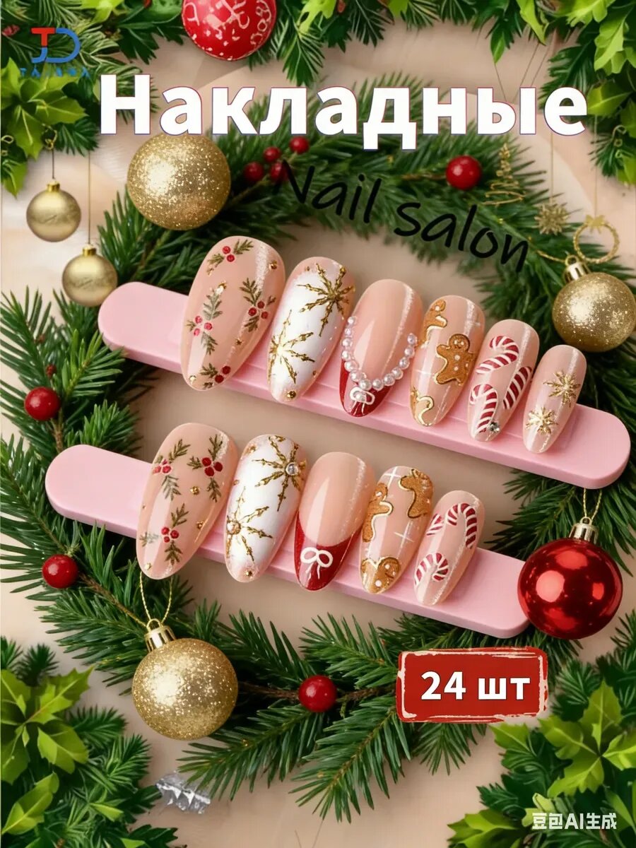 Накладные ногти по длине с дизайном и желейным клеем, 24 шту