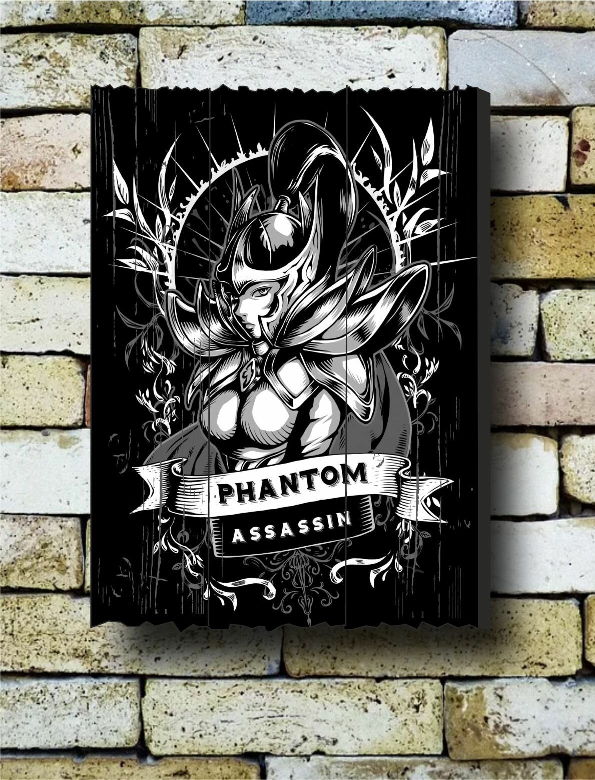 Картина на досках. Dota 2. Phantom Assassin. Черно-белый арт.