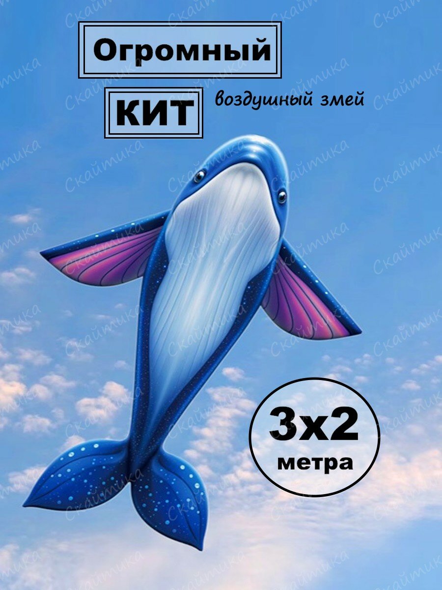Воздушный змей "Гигантский Кит" 3х2м каркасный синий, с леером 100м, в тканевом чехле Скайтика