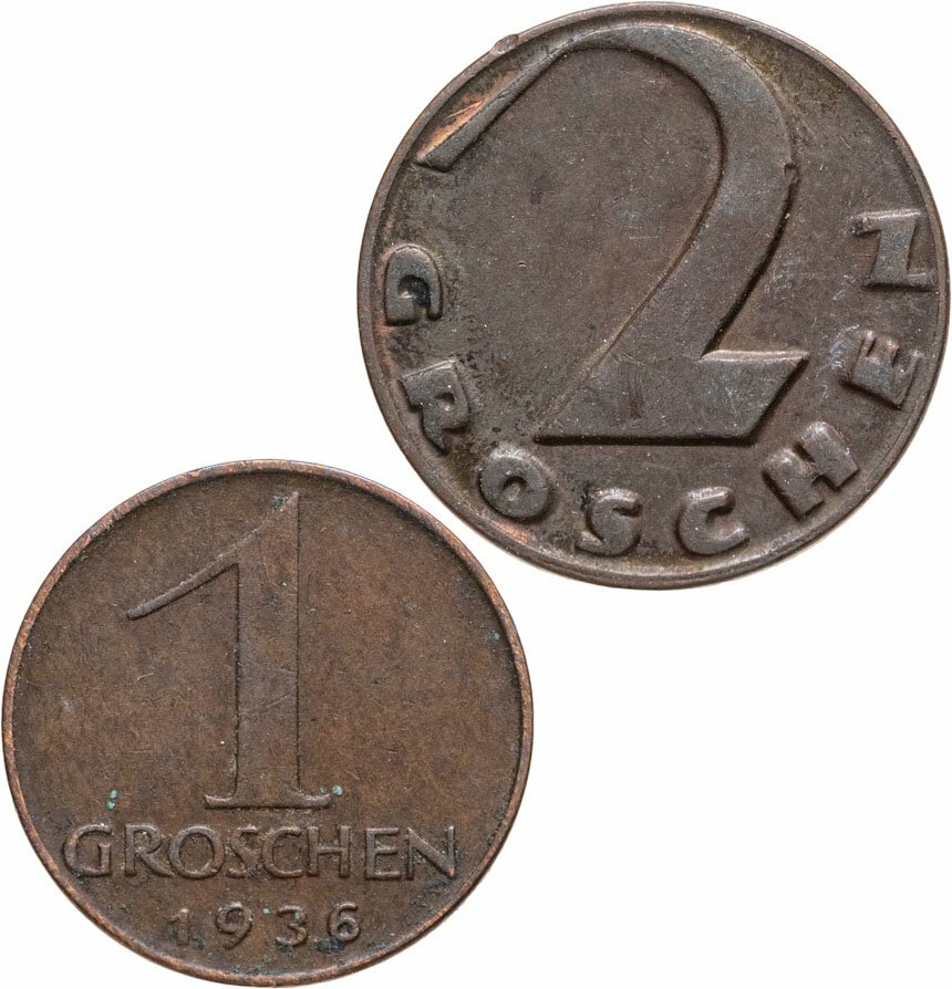 Австрия набор монет 1 и 2 гроша 1925-1938 2 шт, Бронза, в сохранности VF-XF