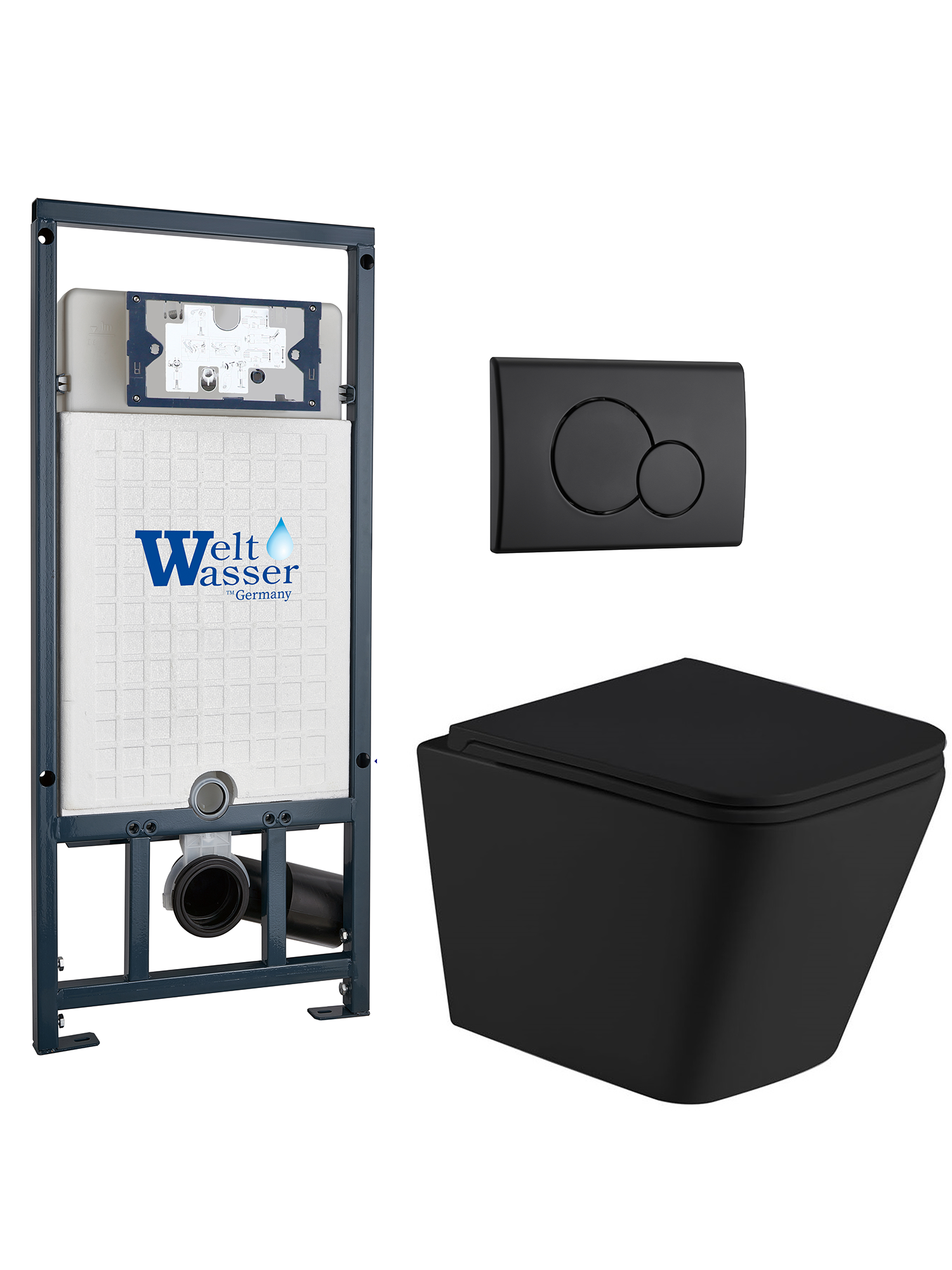 Комплект 3 в 1 Унитаз подвесной WeltWasser GELBACH 043 MT-BL безободковый+Инсталляция MARBERG 507 с кнопкой MAR 507 RD MT-BL черная матовая