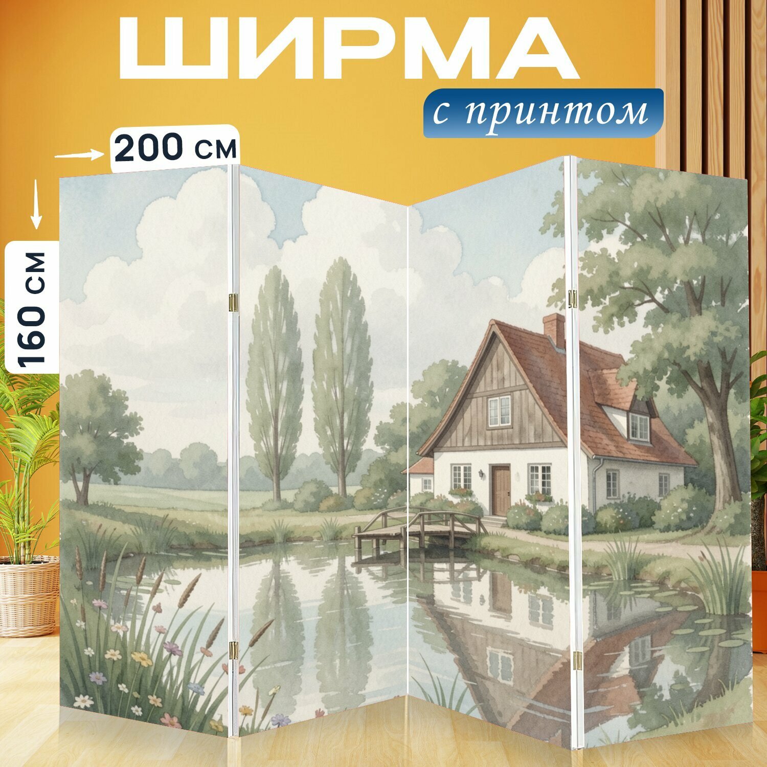 Ширма "Уютный деревенский дом у пруда. Нежная акварельная сельская сцена: коттедж у воды, деревянный мостик." перегородка для зонирования комнаты с принтом 200x160 см. на холсте