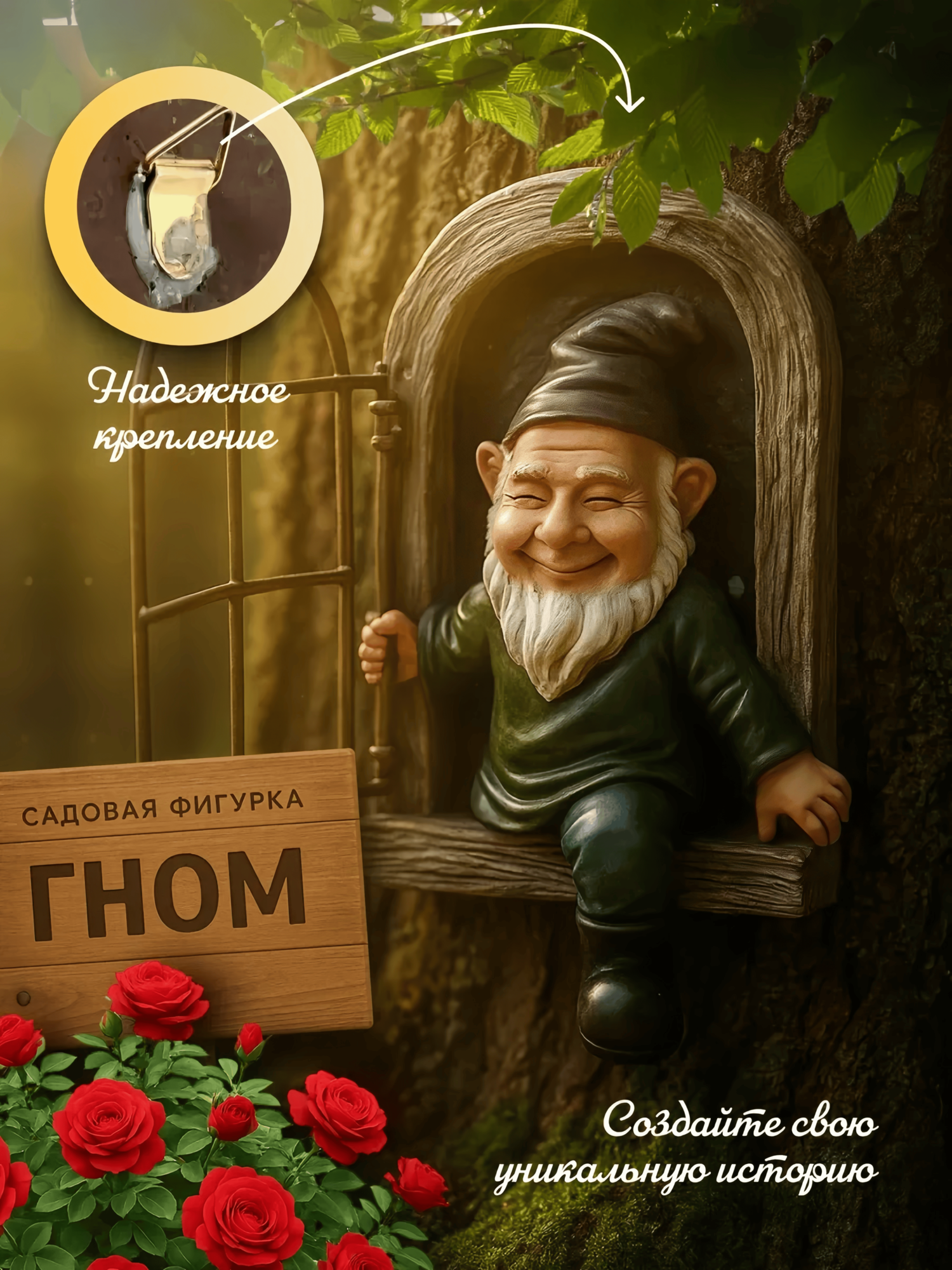 Гном для сада "Веселый сосед", фигурка на дерево, декоративная статуэтка, подарок для дачника