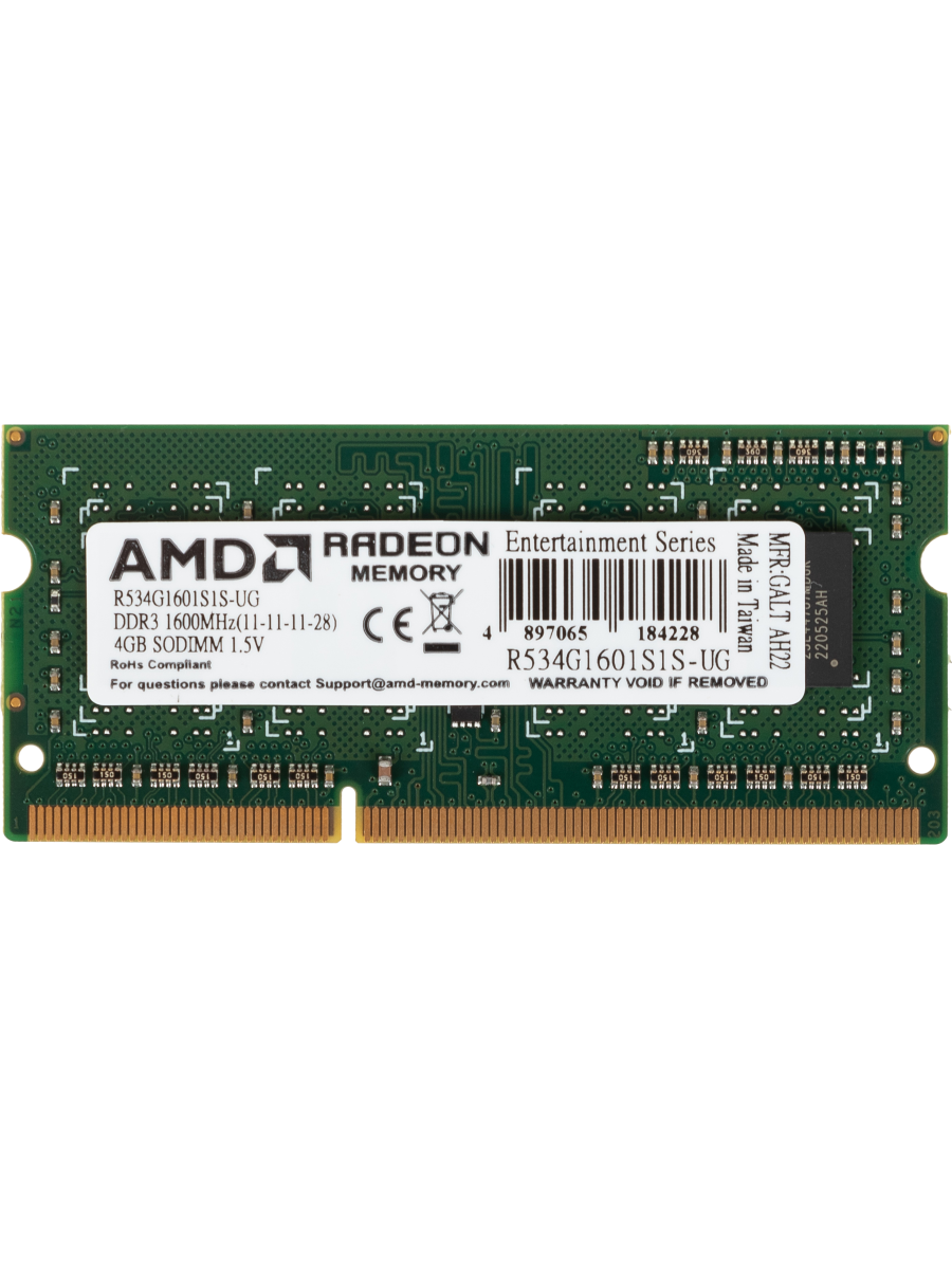 Память DDR3 4GB 1600MHz AMD R534G1601S1S-UG RTL PC3-12800 CL11 SO-DIMM 204-pin 1.5В RTL