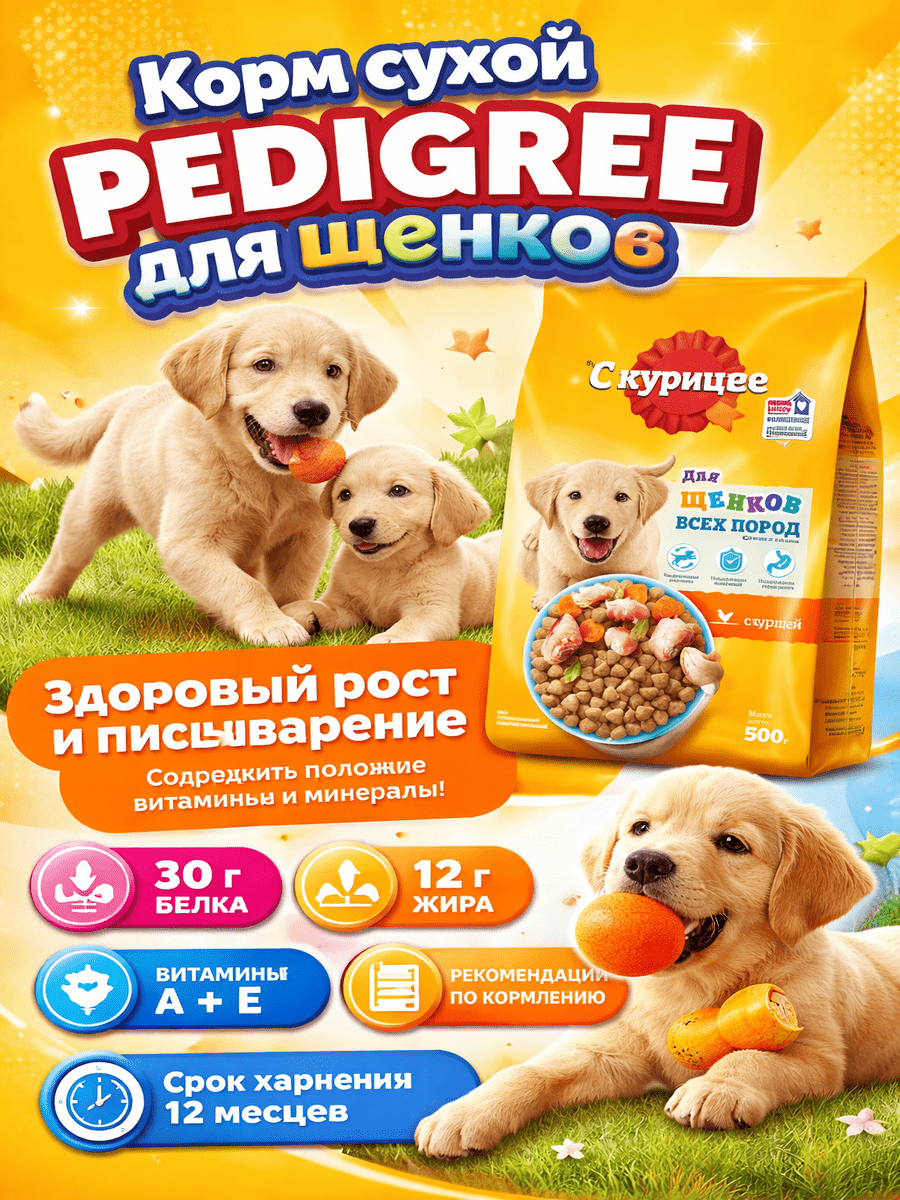 Корм сухой Pedigree для щенков с курицей, 500г