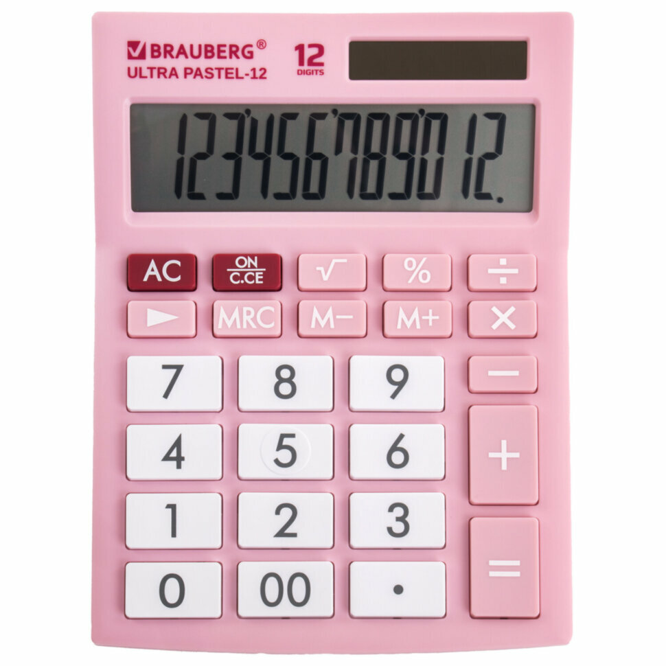 Калькулятор настольный BRAUBERG ULTRA PASTEL-12-PK (192x143 мм), 12 разрядов, двойное питание, розовый, 250503, 250503