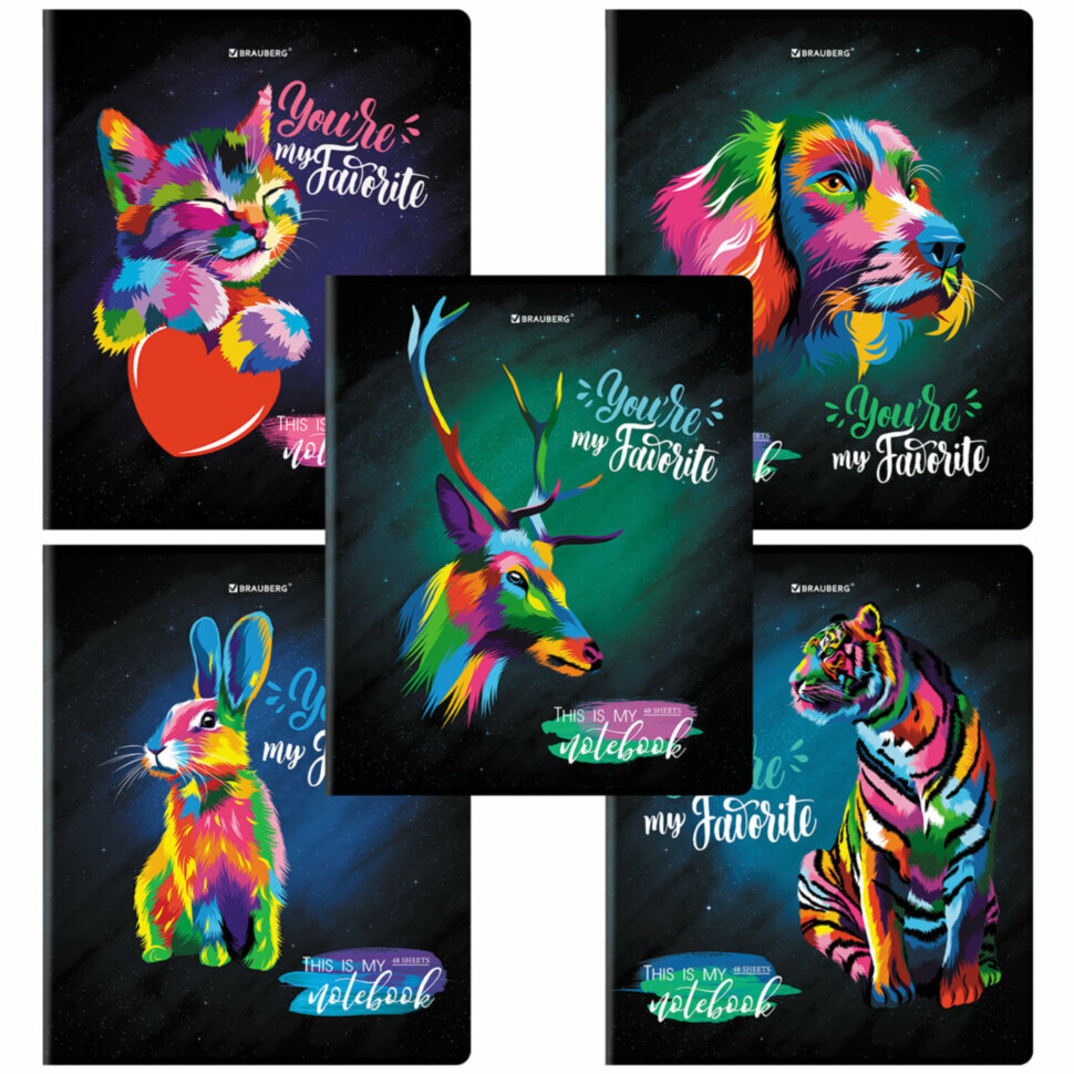 Тетрадь А5, 48 л, BRAUBERG, скоба, клетка, матовая ламинация, выборочный лак, "Animals Pop-Art" (микс в спайке), 404374, 404374