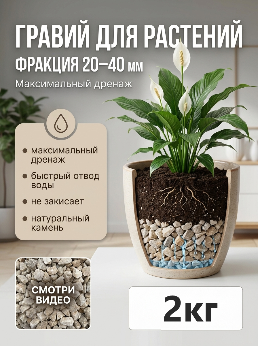 Дренаж для растений 20-40 мм, кварцевый гравий, очень крупная фракция, добавка в грунт, улучшает дренаж и воздухообмен, 2 кг