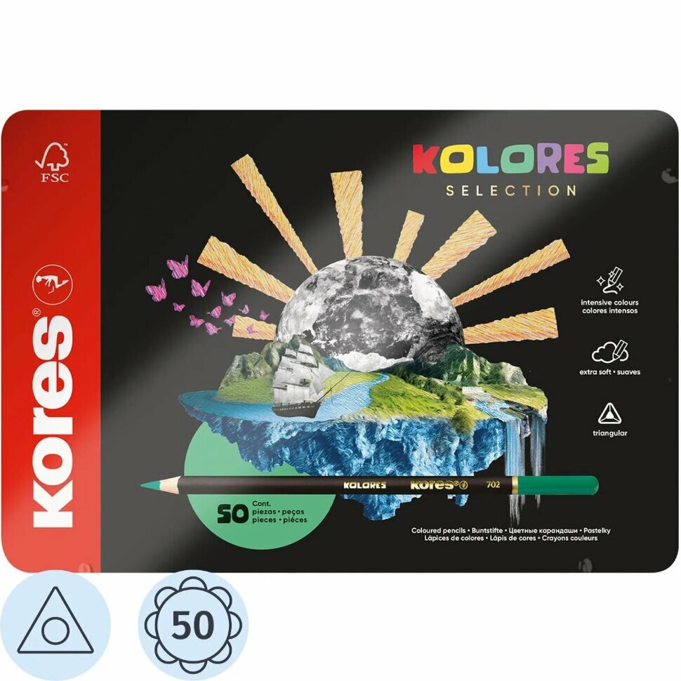 Карандаши цветные Kores Kolores 3-гран 3мм 50 цв/наб в металл. коробке 93351, 2007175
