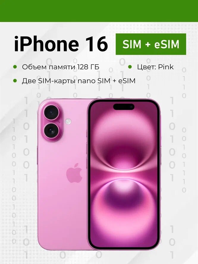 Смартфон Apple iPhone 16 128 ГБ, Dual: nano SIM + eSIM, Pink (Розовый)