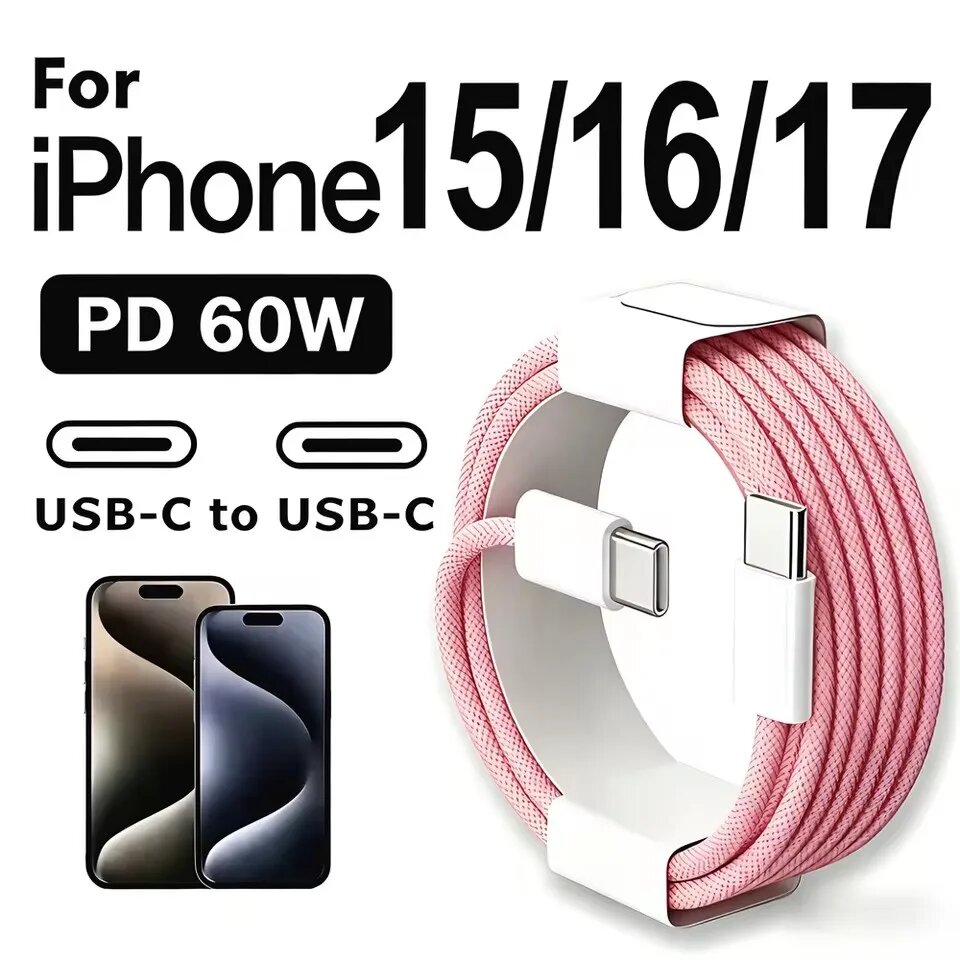 Кабель USB-C на USB-C PD 60W для быстрой зарядки iPhone 15, 16, 17, Samsung, Xiaomi, 1 м, Pink
