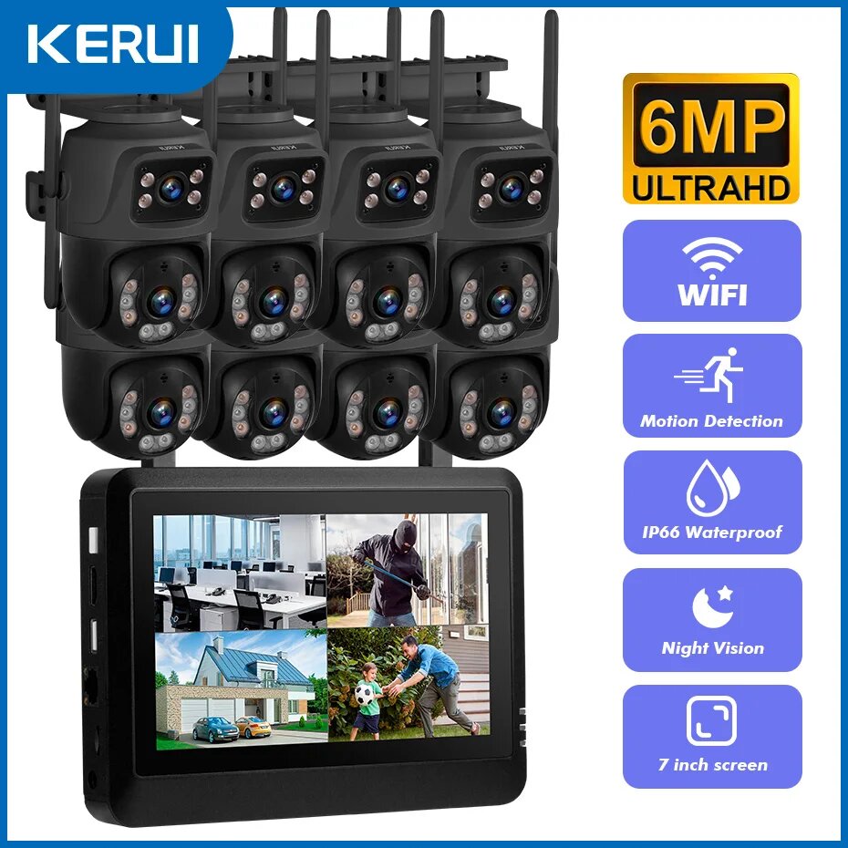 KERUI Wireless 6MP Двухлинзовая WIFI IP-камера 8-канальный NVR с 7-дюймовым LCD-экраном Видеорегистратор Система безопасности для дома Камера наблюдения