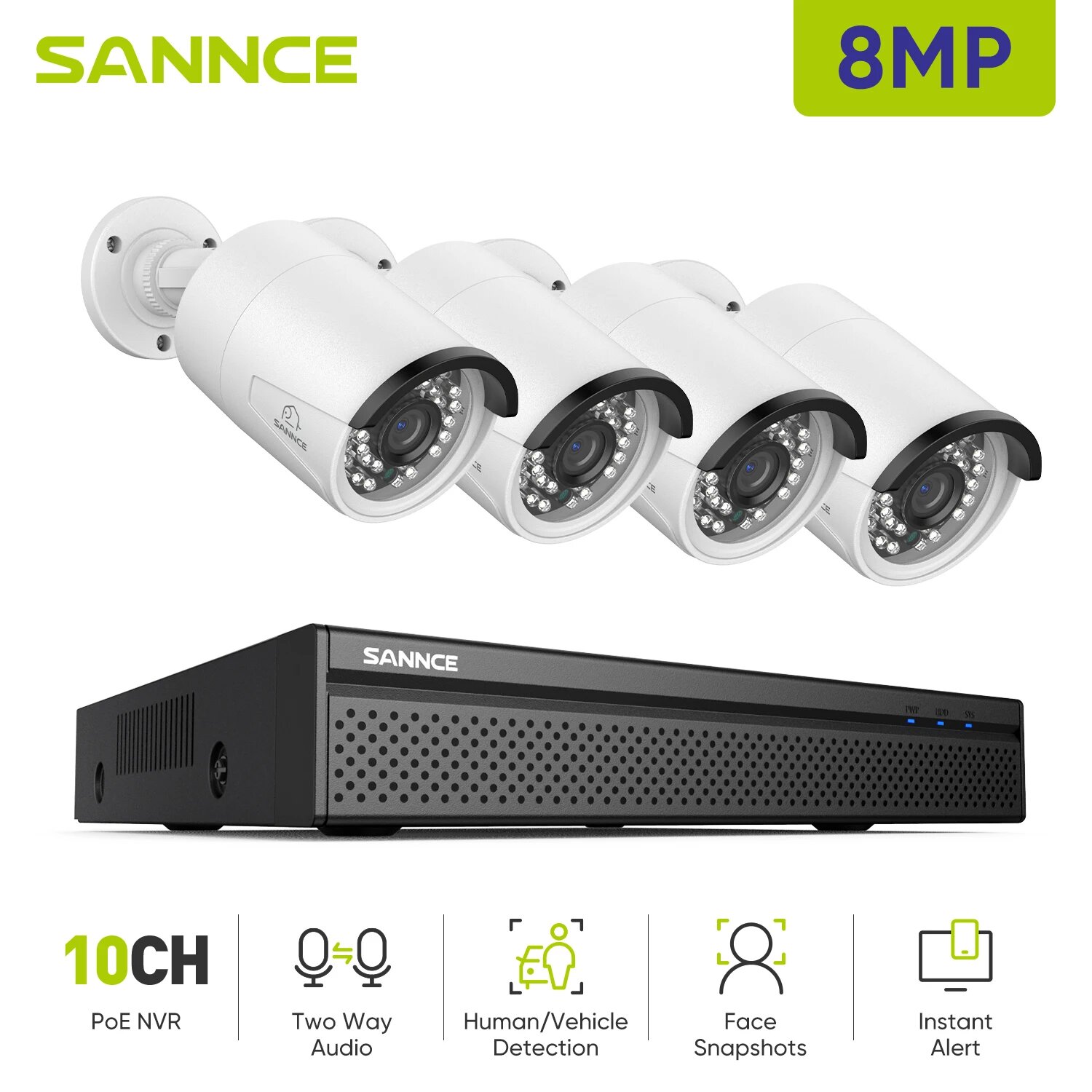 Система камер безопасности SANNCE 8MP с проводным NVR POE с ночным видением, двухсторонней звуковой защитой, камера для внешнего наблюдения, дистанционное мониторинг