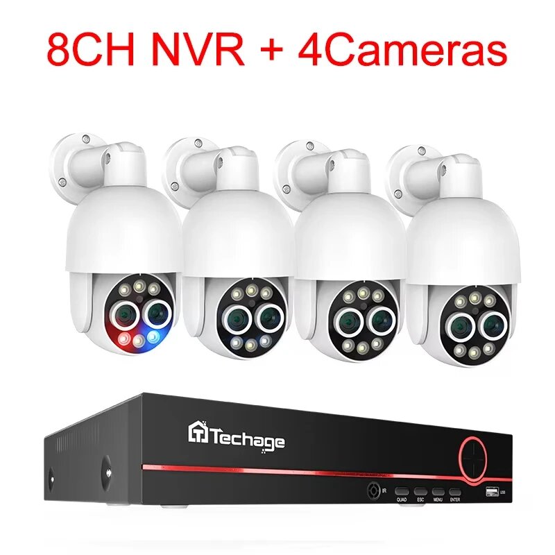 Система видеокамер Techage 8CH PoE 4K 8MP с 8-кратным зумом, двойной линзой, обнаружением людей, PoE, H.265 CCTV, записью аудио, системой безопасности и наблюдением