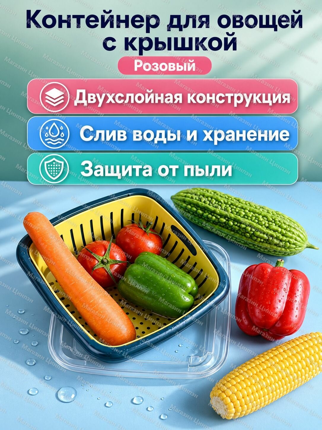 Холодильный контейнер с двойным дном и крышкой для хранения фруктов и овощей, розовый, пластик