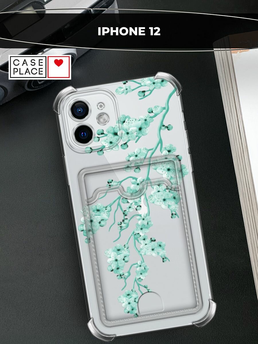 Чехол на Apple iPhone 12 (Айфон 12) с картой и принтом Бирюзовая веточка сакуры