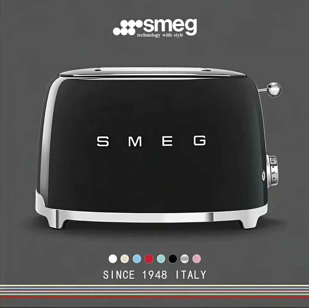 Тостер SMEG TSF01 мощностью 950 Вт на 2 ломтика хлеба, корпус из нержавеющей стали, хромированное основание, черный