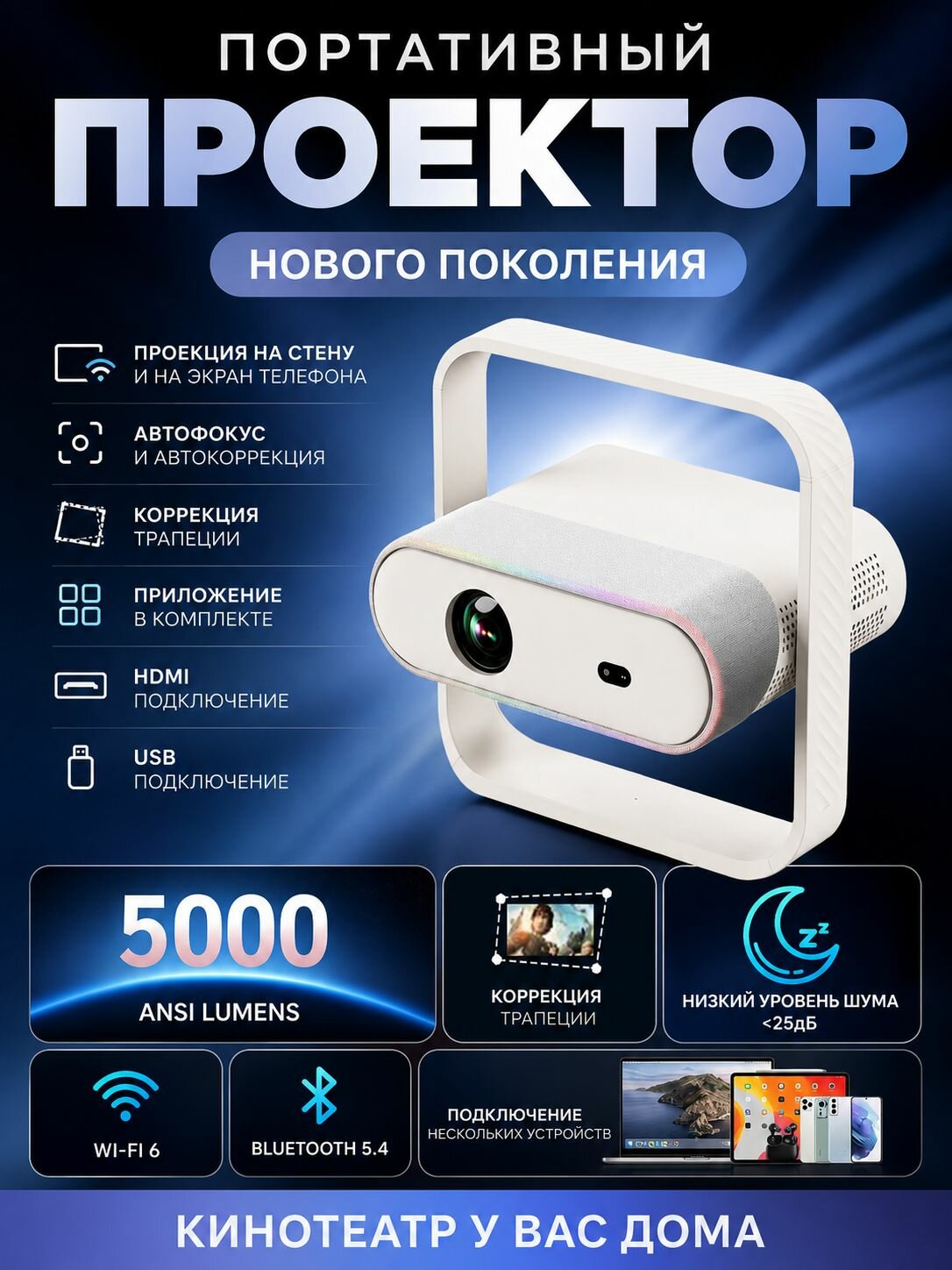 Портативный проектор 5000 ANSI люмен, автофокус, коррекция трапеции, Wi Fi 6 и Bluetooth 5.4, домашний кинотеатр