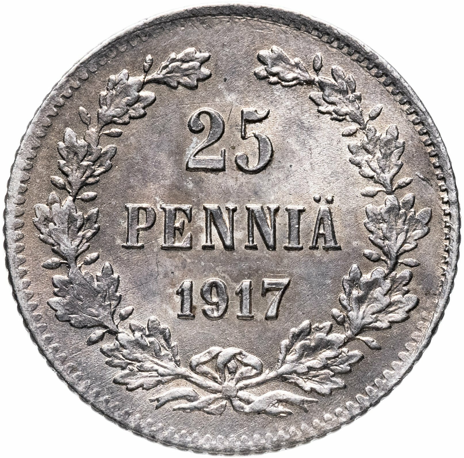 25 пенни pennia 1917 S гербовый орел без короны Российская Финляндия, Серебро 750, в сохранности AU