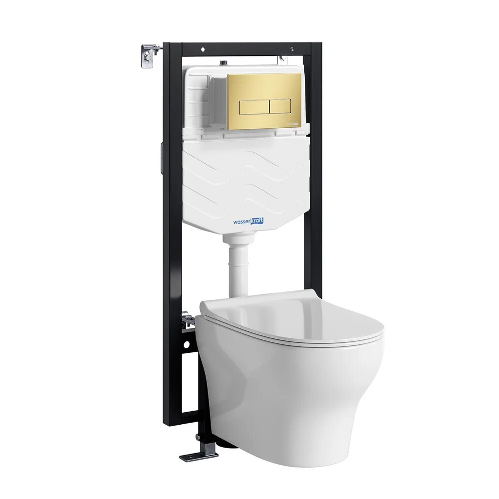 Комплект Унитаз подвесной WasserKRAFT Berkel H001 безободковый / Крышка для унитаза E034 / Система инсталляции для унитазов Vils 56TLT.010. ME, Кнопка смыва MG03