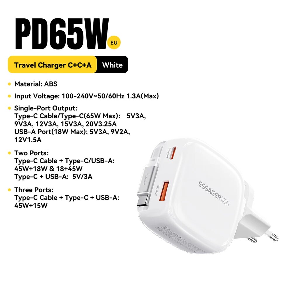 Зарядное устройство Essager 65 Вт GaN Pro с выдвижным кабелем типа C Быстрое EU GaN Pro 65W White