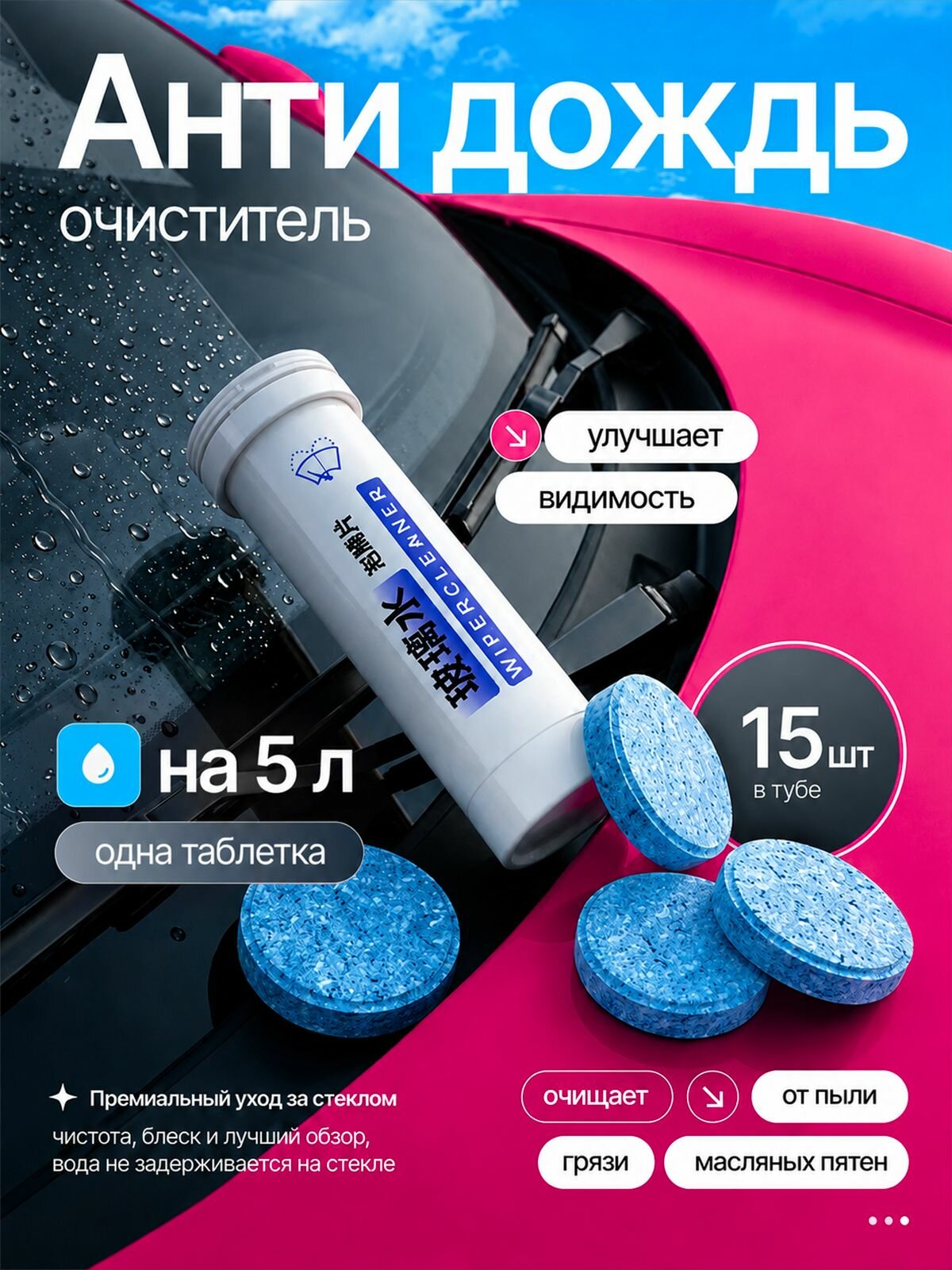Стеклоомыватель, антидождь, защитное омывающее средство в таблетках для автомобильного стекла