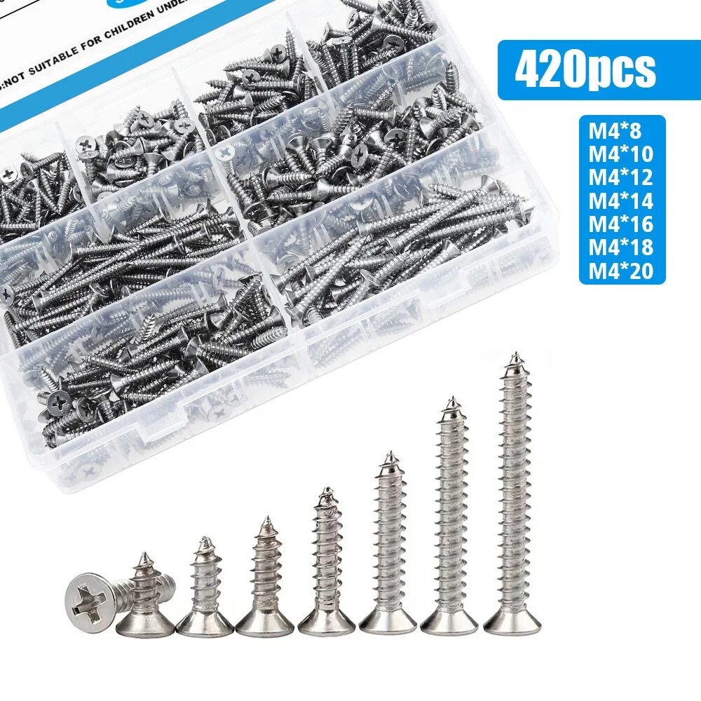 420 штук саморезов из нержавеющей стали M4 (8 мм, 10 мм, 12 мм, 14 мм, 16 мм, 18 мм, 20 мм) для ремонта и обслуживания дома