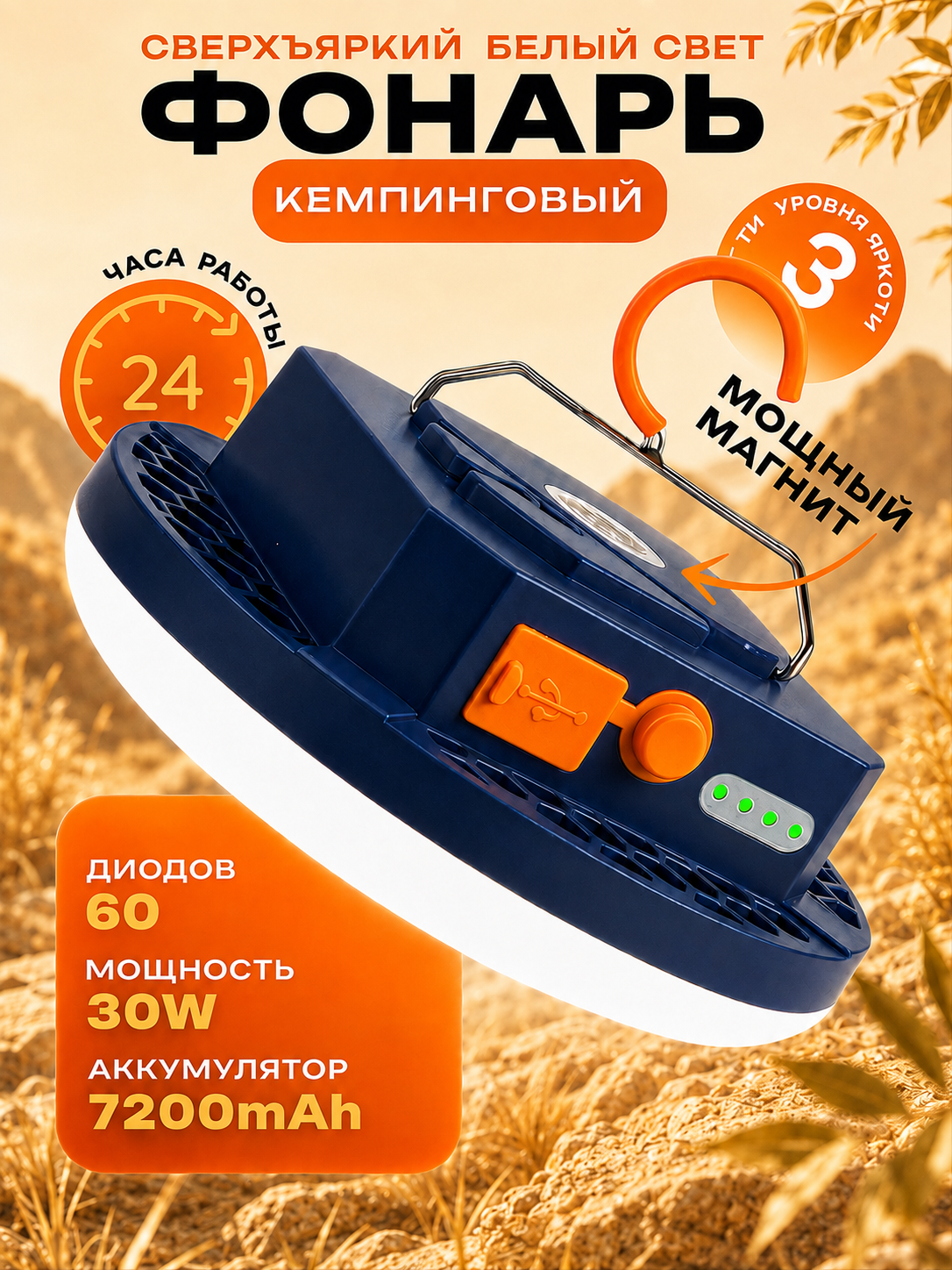 Кемпинговый фонарь UNIBROTHER CL30, аккумуляторный, 30 Вт, 7200 мА·ч, синий корпус, белый свет