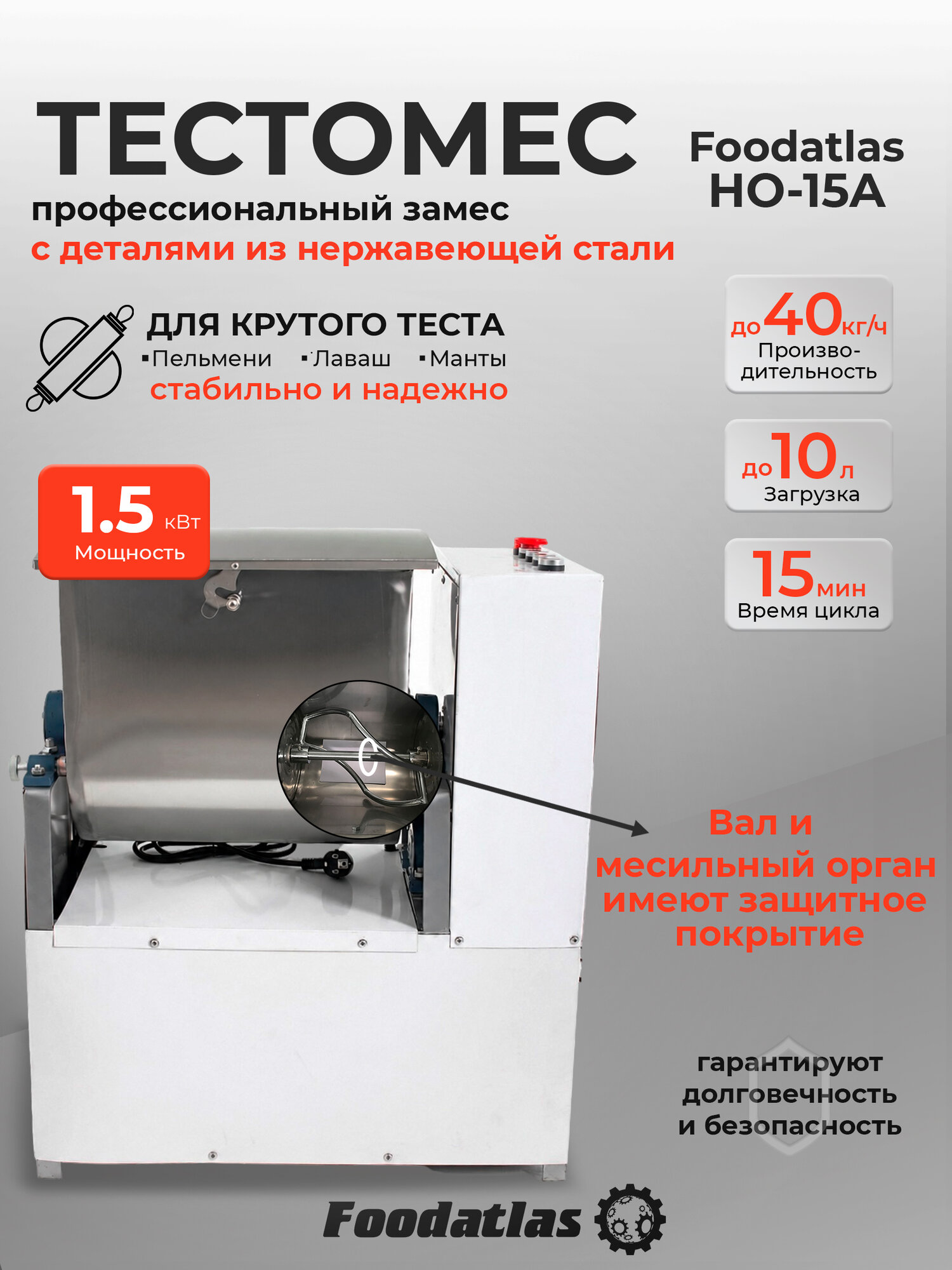Машина тестомесильная FoodAtlas HO-15A, электронное управление, белая, для крутого теста