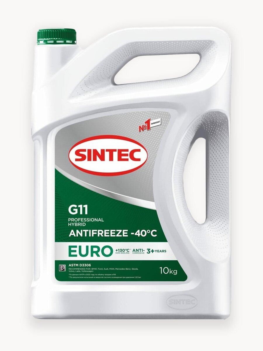 Антифриз Sintec EURO G11 (-40°C) 10 кг, зеленый, на основе моноэтиленгликоля, идеален для защиты двигателя в зимний пери