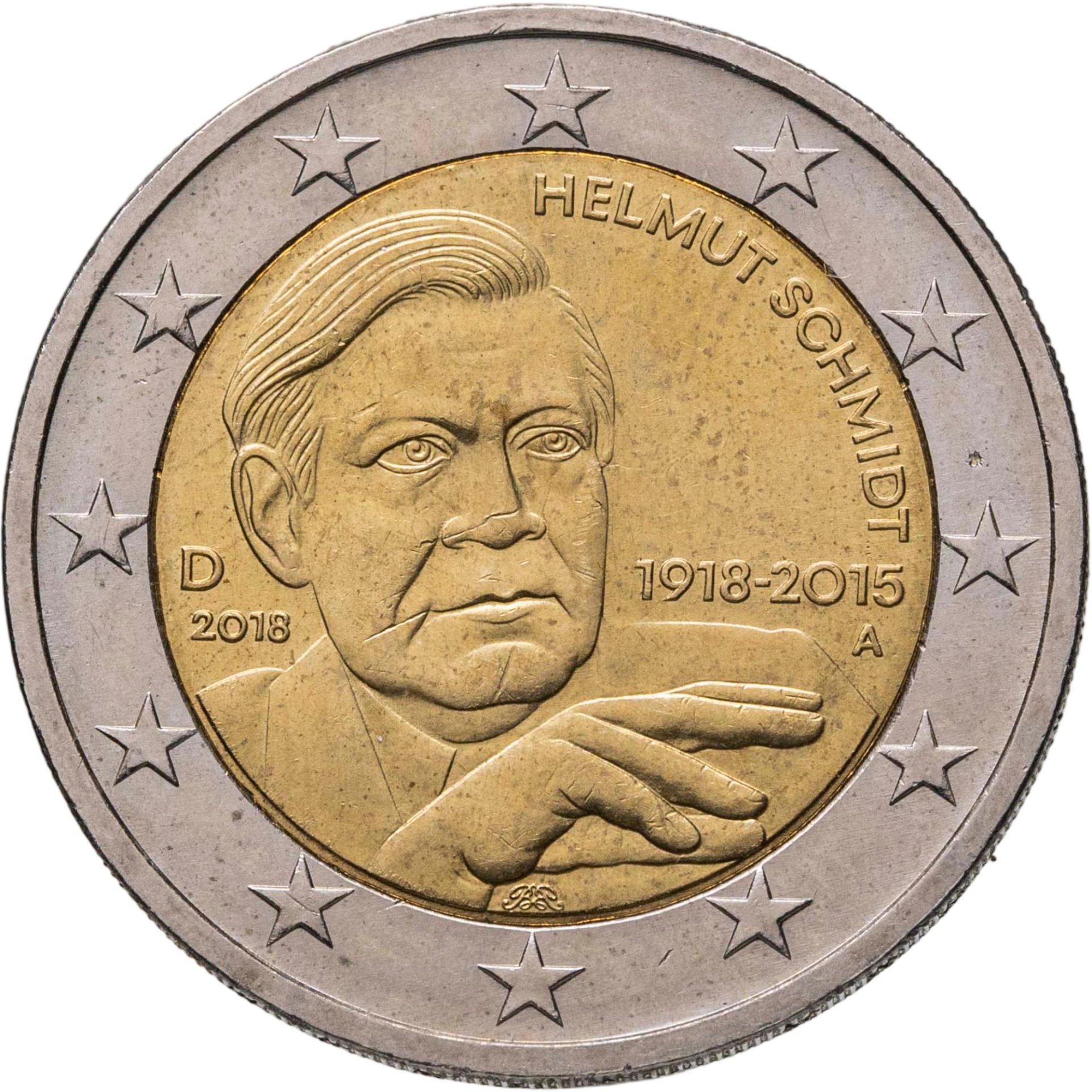 Германия 2 евро euro 2018 D 100 лет со дня рождения Гельмута Шмидта знак монетного двора "D" - Мюнхен, Биметалл, в сохранности UNC